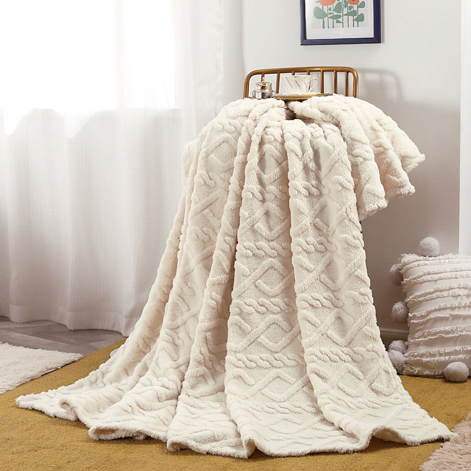 Cream Throw Blanket For Bed Couch Jacquard Boho Sherpa Fleece Throw ...