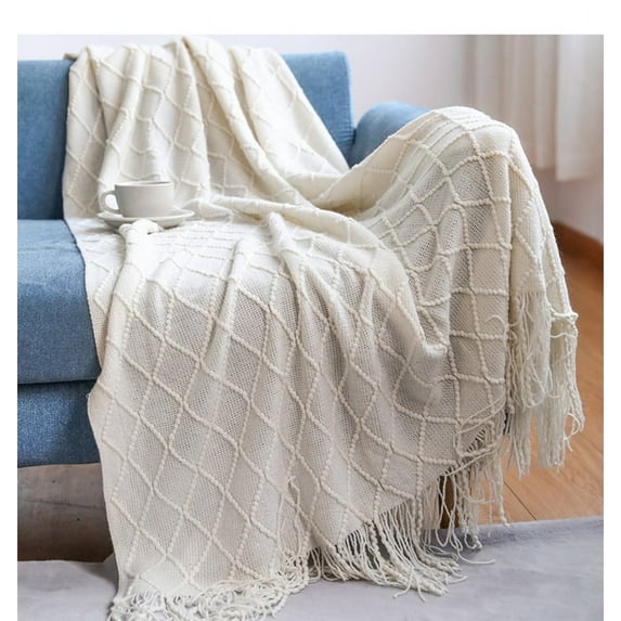 Cream Throw Gift Knitted Blanket Solid Color Fringe Decoration Blanket ...