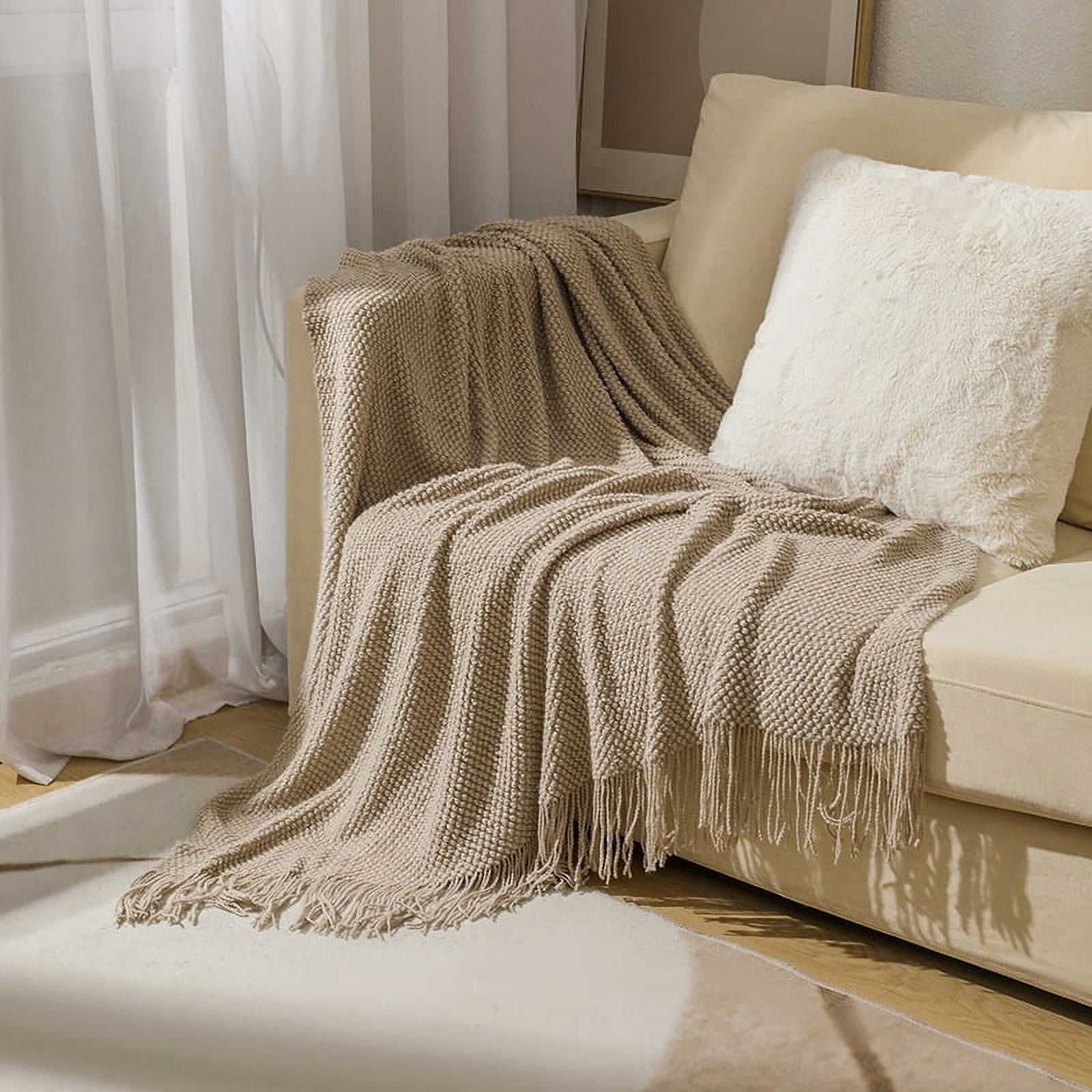 Cream Throw Gift Knitted Blanket Solid Color Fringe Decoration Blanket ...