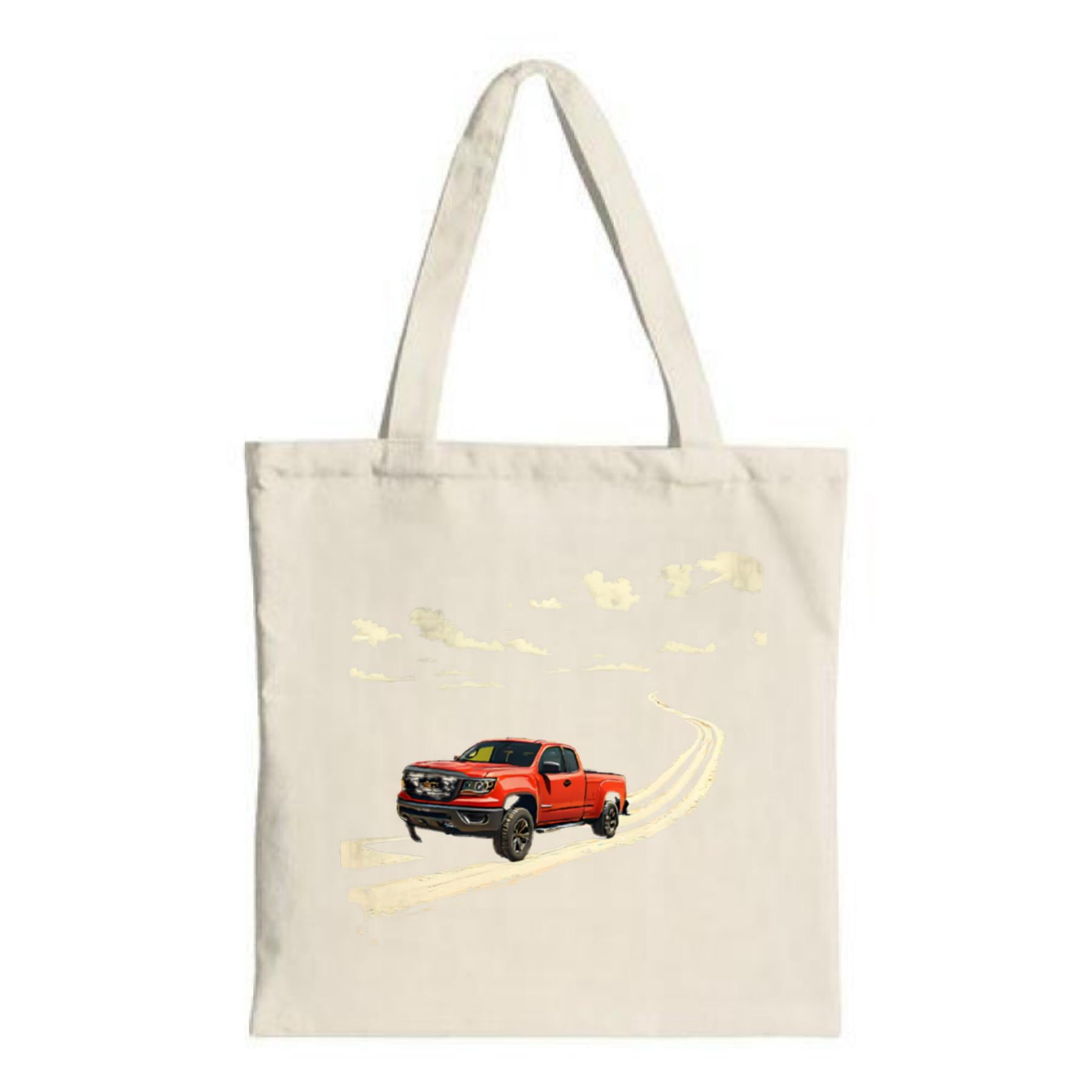 Cream Tote Bag with Red Pickup Truck on Winding Road & Light Yellow ...