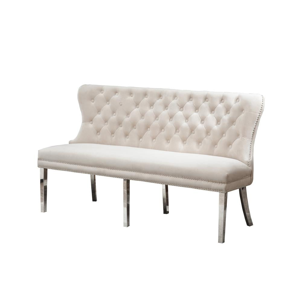 Cream Velvet Bench with Tufted Seat and Silver Stainless Steel Legs ...