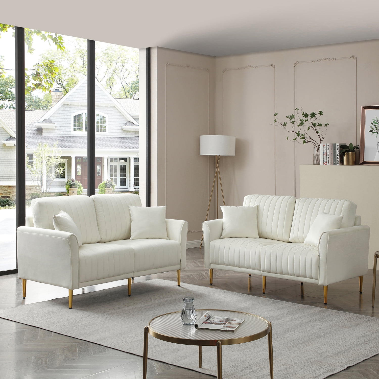 Cream Velvet Upholstered Living Room Sofa Set - Elegant Set of 2 ...