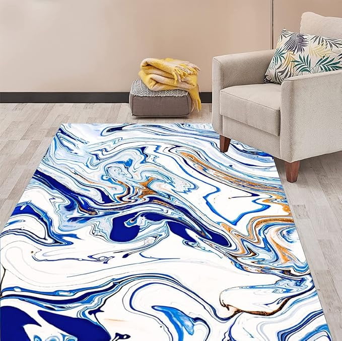 Cream White Blue Marble Swirl Modern Abstract Area Rug Soft Washable ...