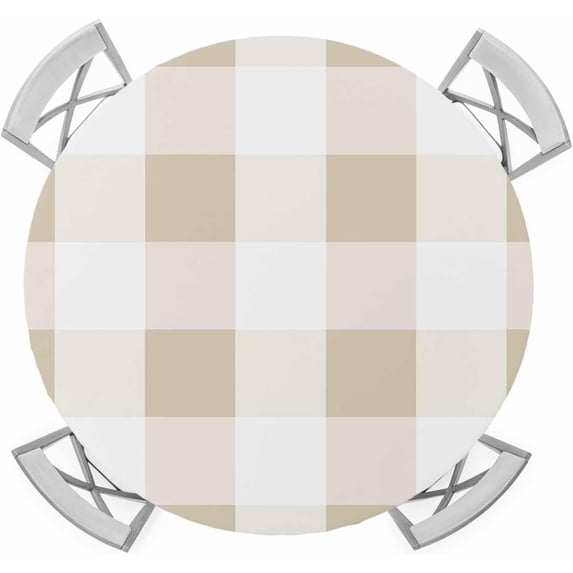 Cream White Buffalo Check Round Fitted Tablecloth with Elastic Edge ...