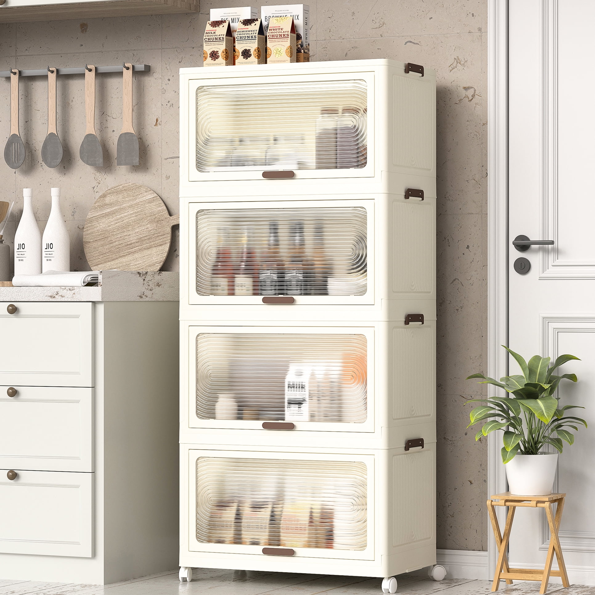 Cream White Folding Storage Bins 230qt - Stackable, Collapsible With Wheels For Office, Pantry ...