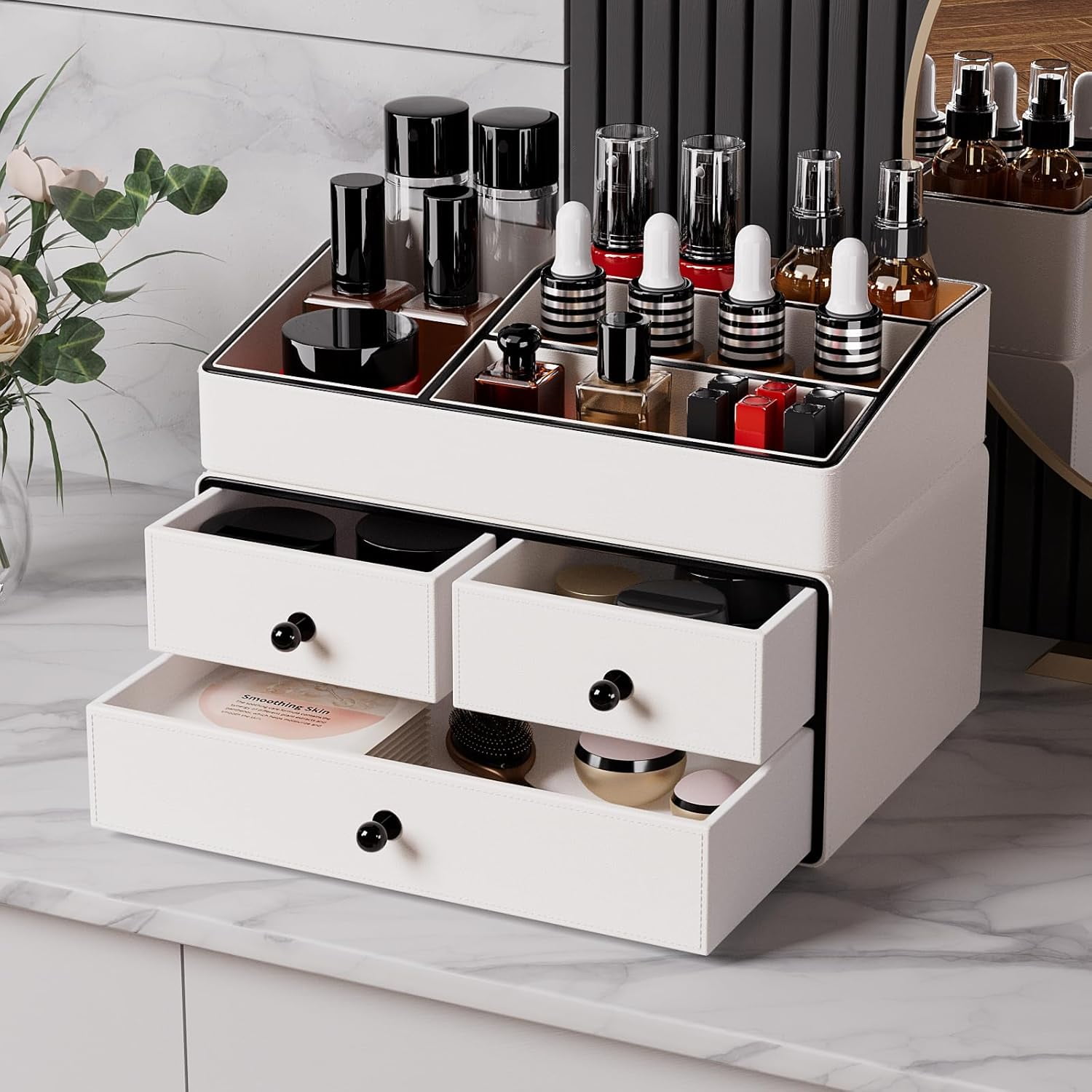 Cream White Leather Makeup Organizer with Drawers for Vanity, Stackable ...