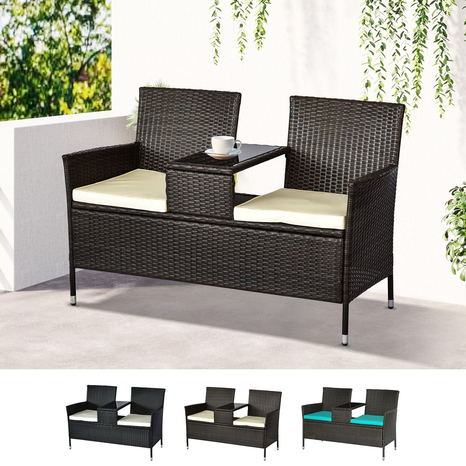 Cream White Outdoor Patio 2 Seat Rattan Wicker Chair Bench with Tea ...
