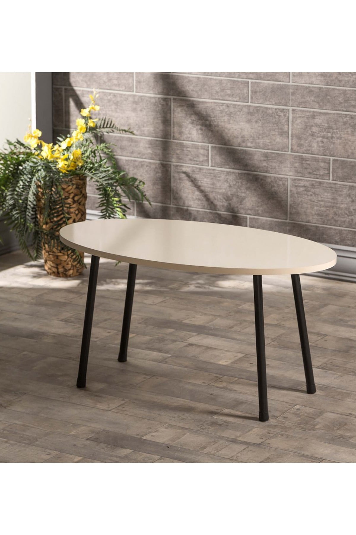 Cream White Oval Coffee Table with Black Metal Legs, Modern Style ...