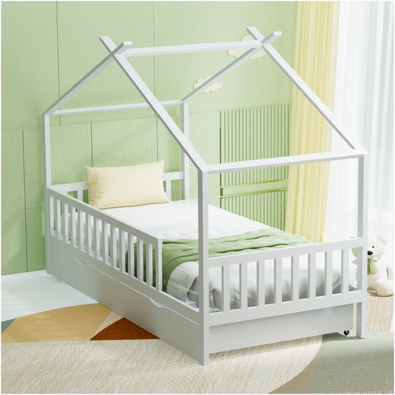 Cream White Playhouse Bed Frame with Storage, Full Size House Bed with ...