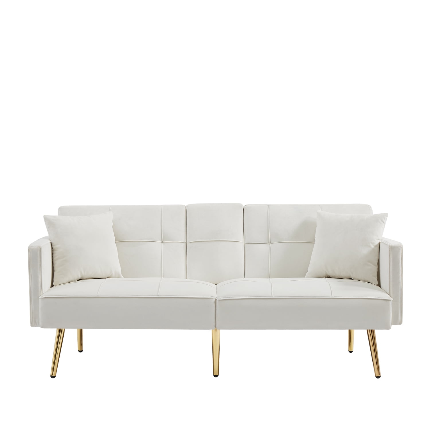Cream White Plush Velvet Futon Sofa Bed with Elegant Gold Metal Legs ...