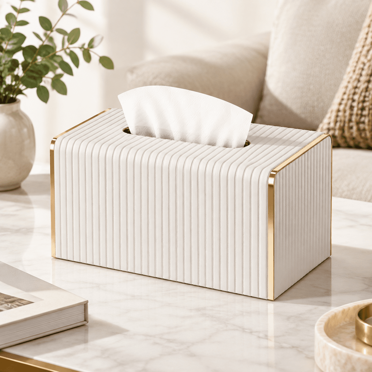 Cream White Rectangle Extra Height PU Leather Tissue Box Cover with ...