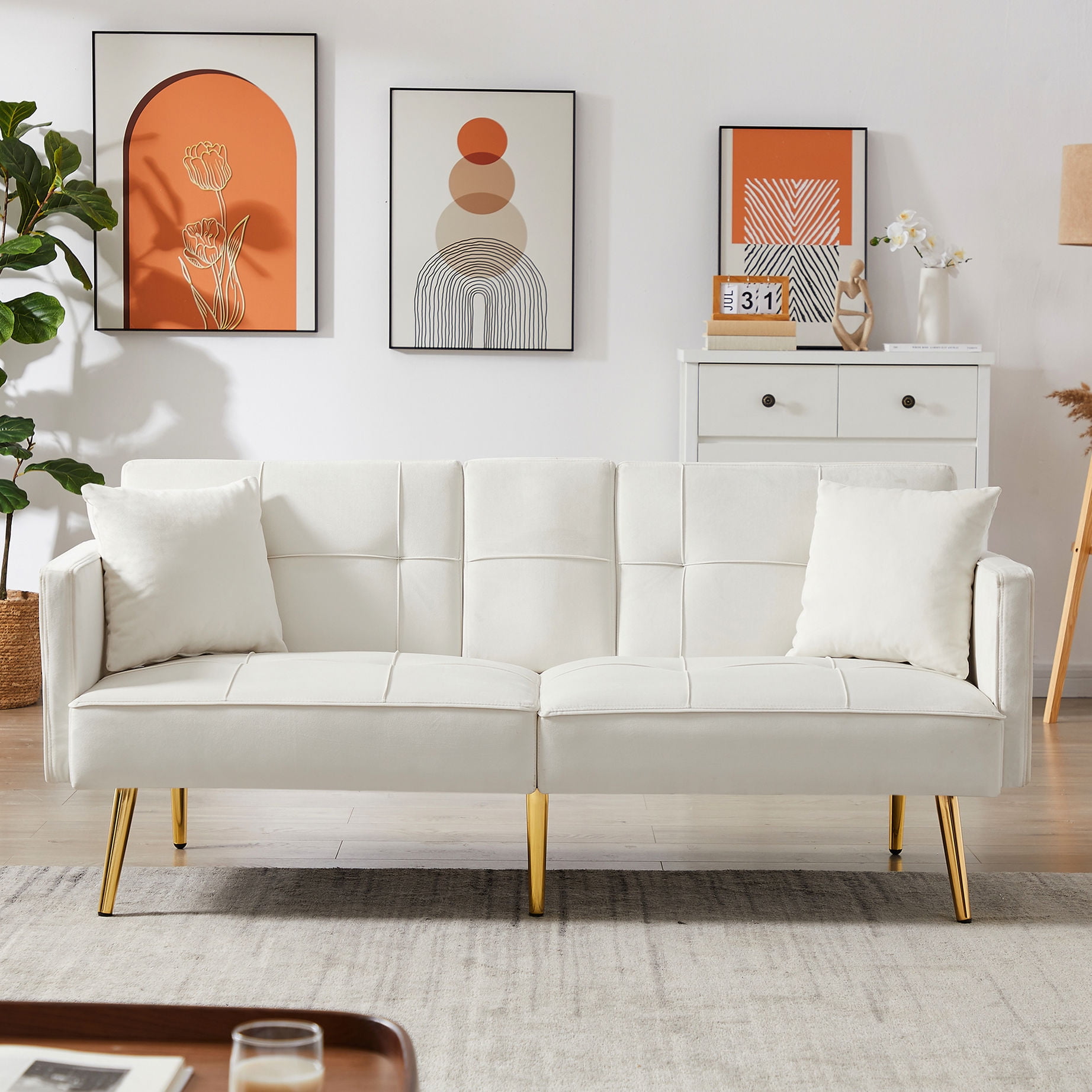 Cream White Sofa Bed with Square Arms+Quick Transformation"-"Overnight ...