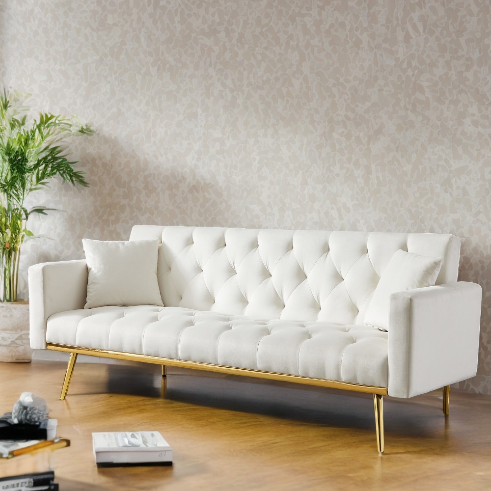 Cream White Solid Wood Convertible Folding Futon Sofa Bed - Stylish and ...