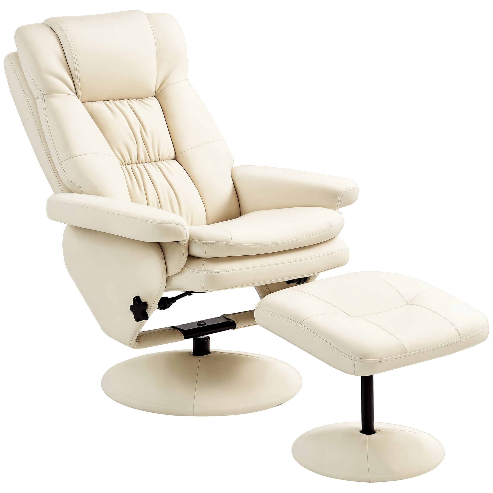 Cream White Swivel Recliner with Ottoman, PU Leather Upholstered Chair ...