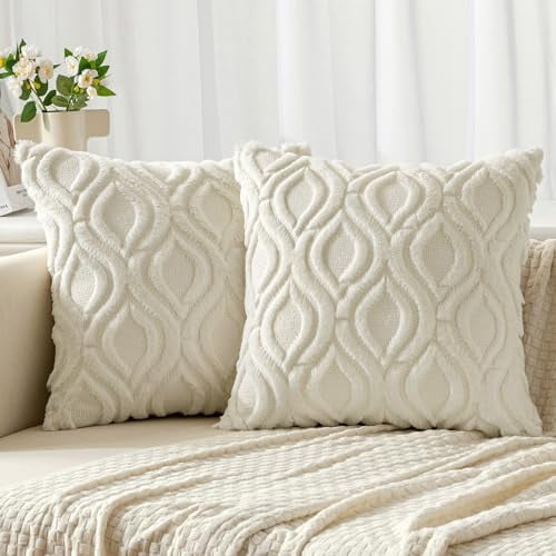 Cream White Throw Pillow Covers 16x16 Inch, Soft Winter Plush Faux Wool Couch Pillow Covers Set ...