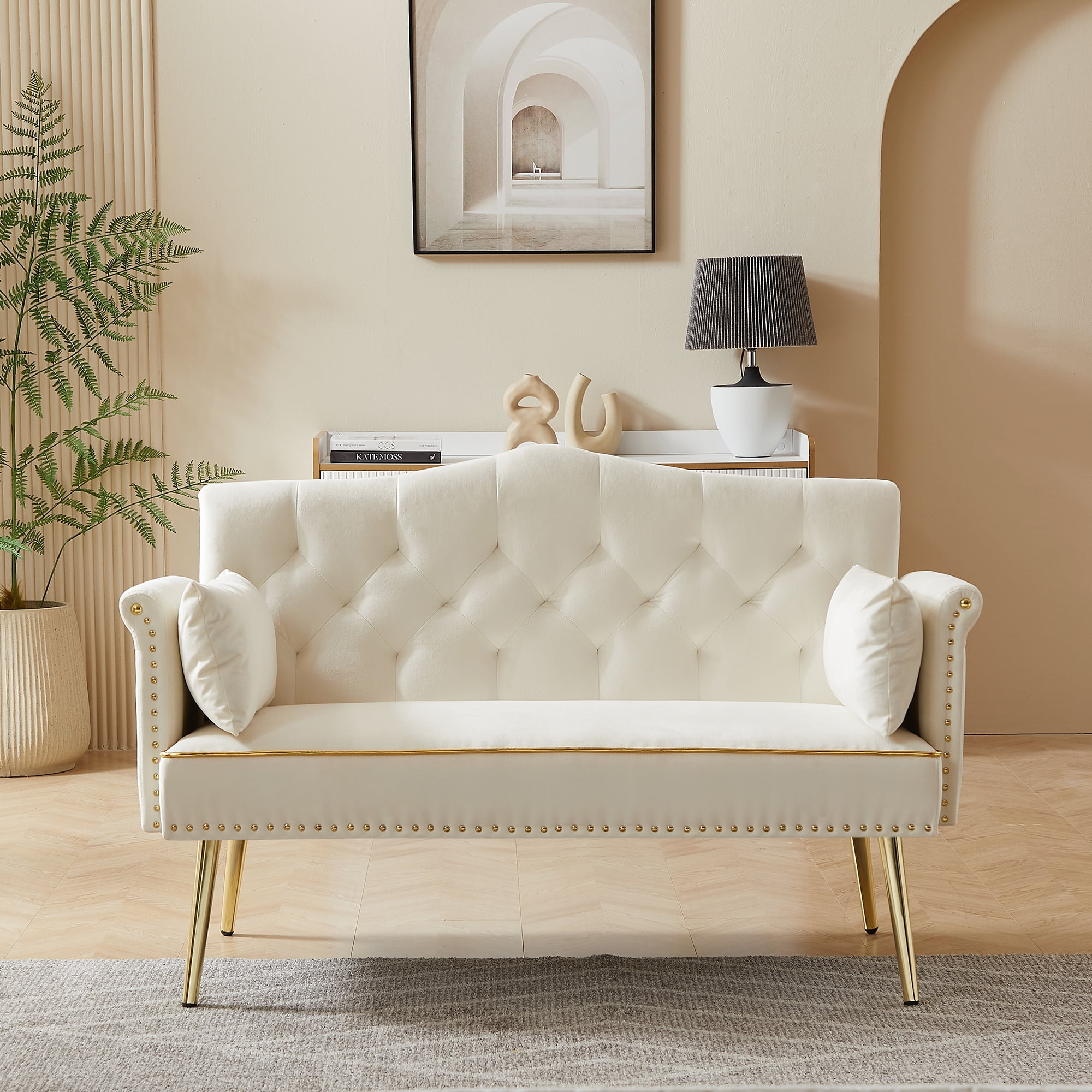 Cream White Velvet 2 Seater Sofa for Small Spaces Living Room Sofa with Tufted Design Gold Metal Legs Walmart