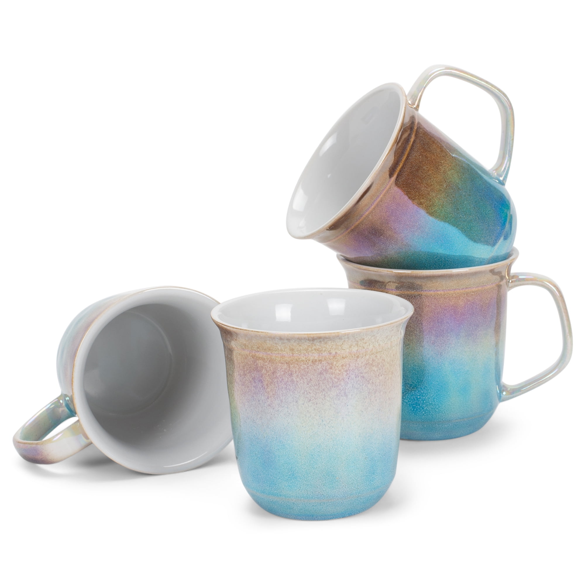Cream With Blue Glossy Rainbow Glaze 17 ounce Stoneware Coffee Cup Mugs ...