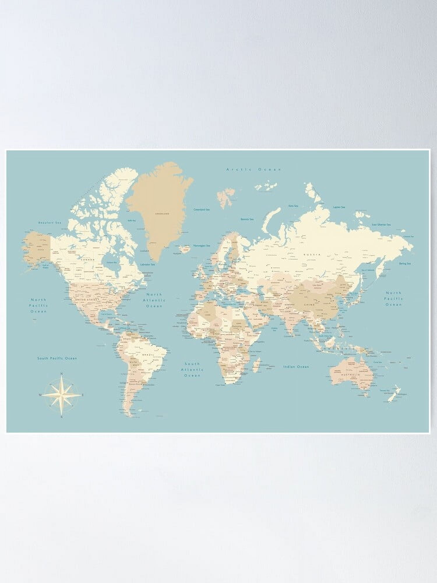 Cream, brown and muted teal world map, "Jeff" Poster - Walmart.com