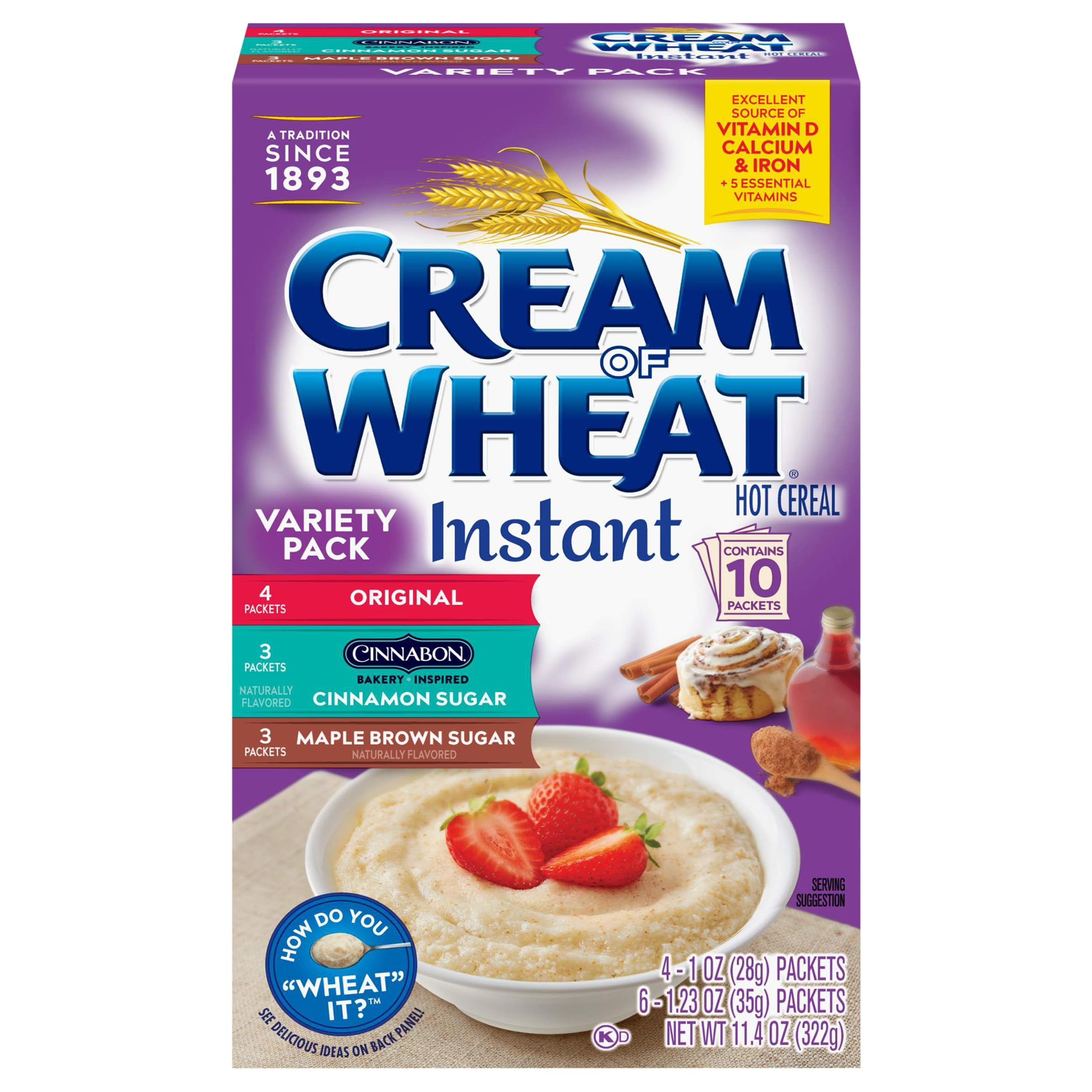 Cream of Wheat Instant AIF9 Hot Cereal, Three Flavor Variety Pack, 10 ...