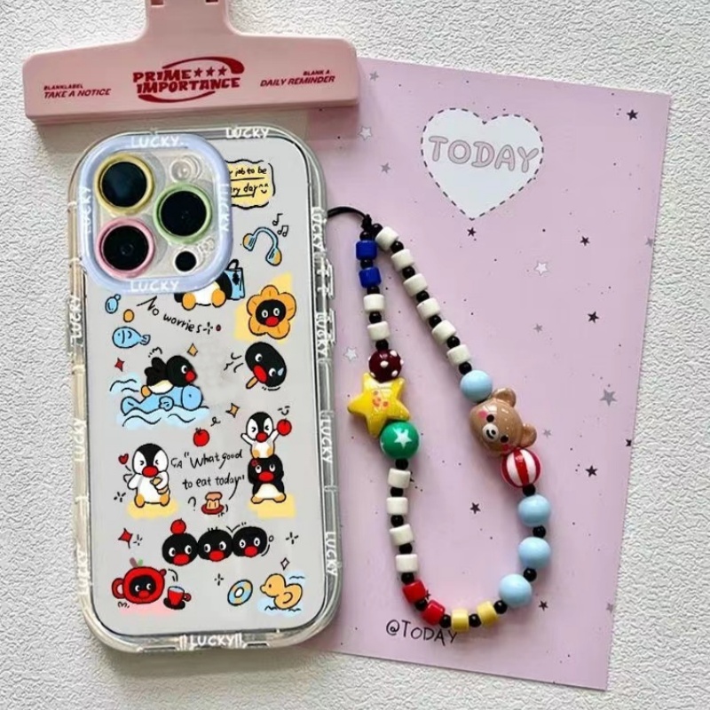 Cream shell painted summer penguin phone case add colored chains for ...