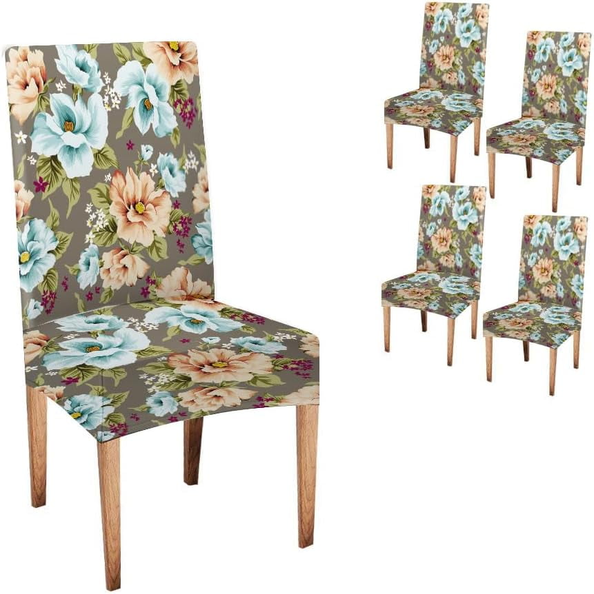 Creamand Blue Flowers with Green Leaves Dining Room Chair Covers Set of ...