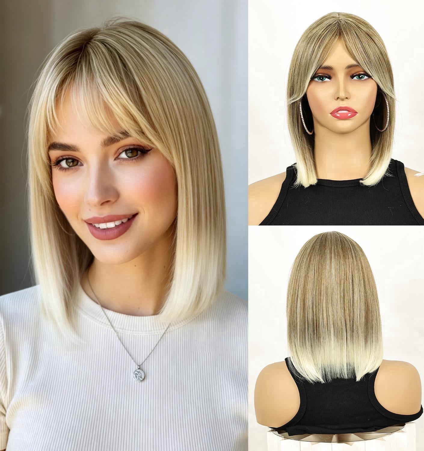 "Creamily Synthetic Straight Bob Wigs for Women, 12"" Blonde with Bangs ...