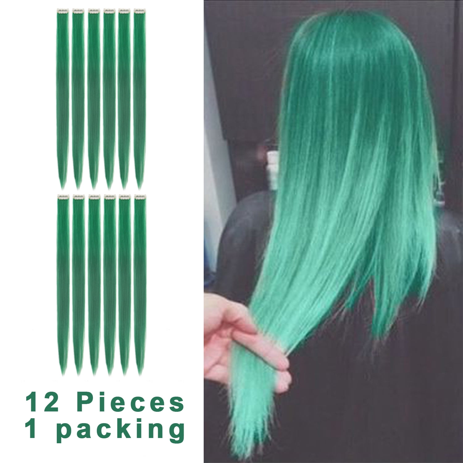 Creamily 20'' Hair Extension for Grils Straight Green Clip in Hair ...