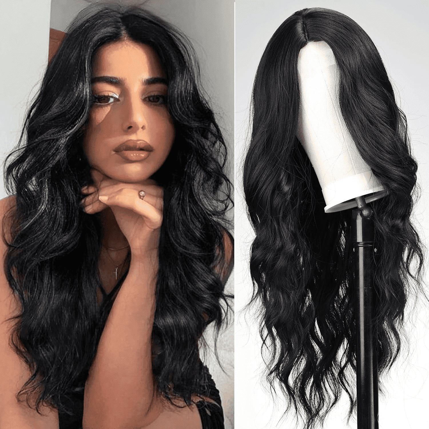 Creamily 22" Long Black Wig for Black Women Glueless Deep Wave Wigs V ...