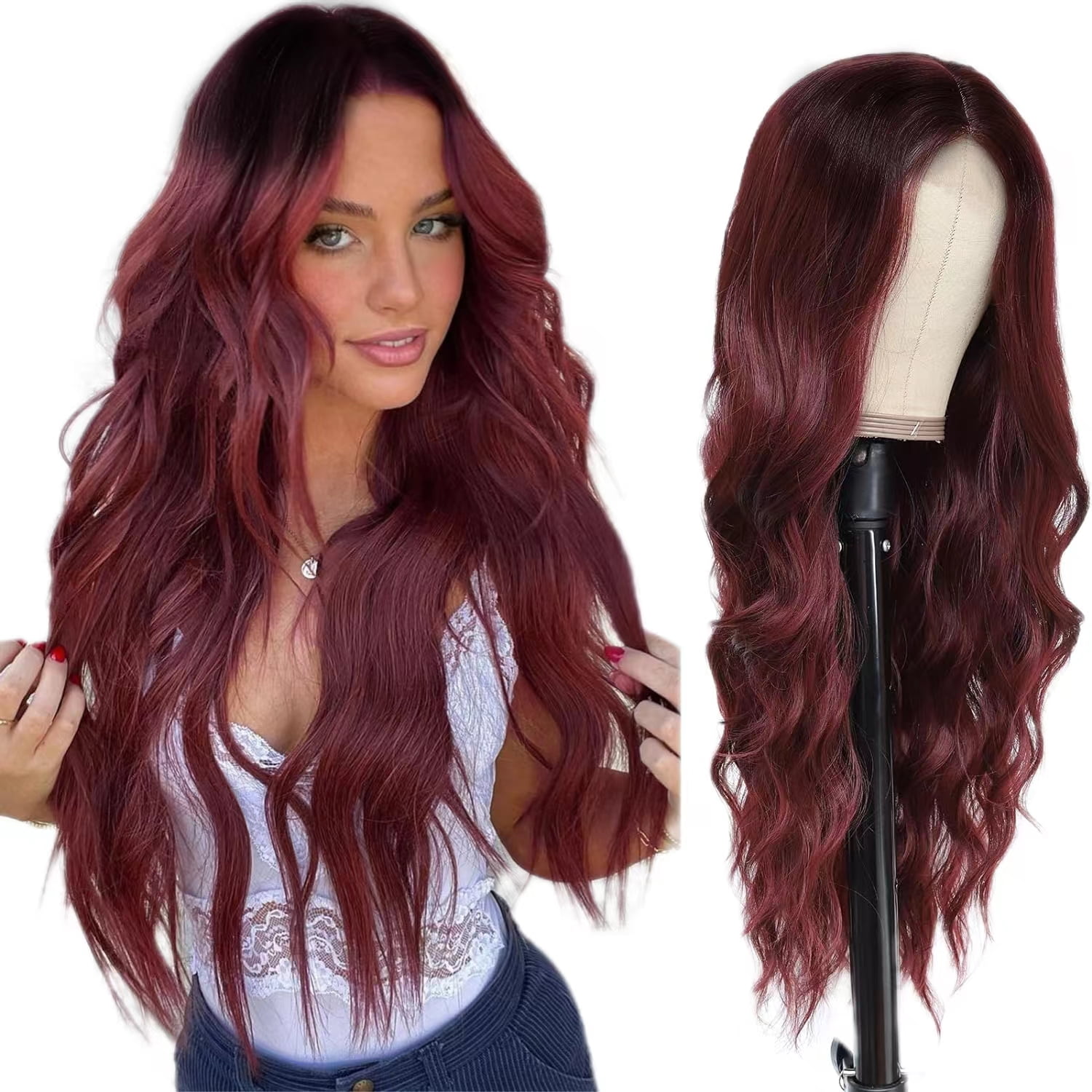Creamily 23 Inch Middle Part Curly Wavy Wig Natural Looking Synthetic ...