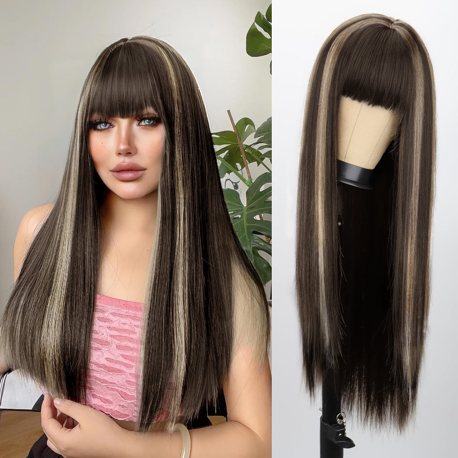 Creamily 23 Inch Long Curly Wig Long Curly Wavy Middle Part Black Mix ...