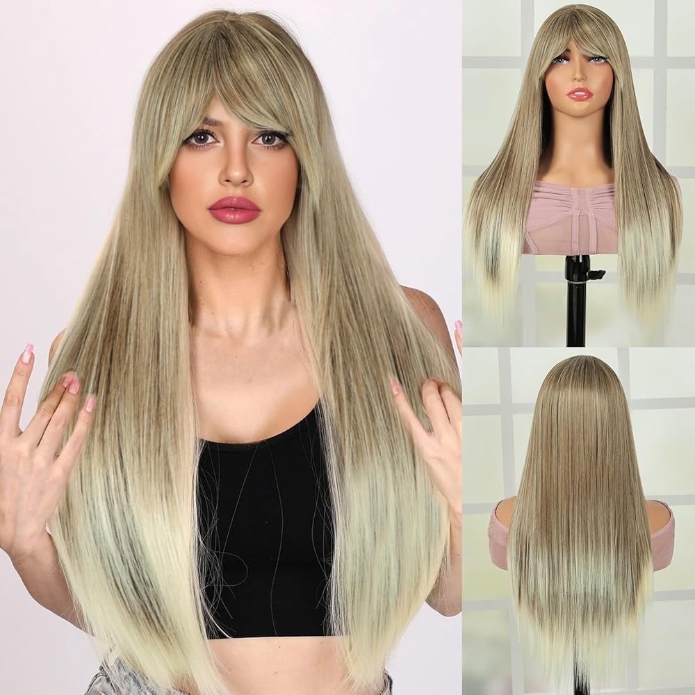 Creamily 23 Inches Long Straight Ombre Brown Golden Blonde Wig With ...