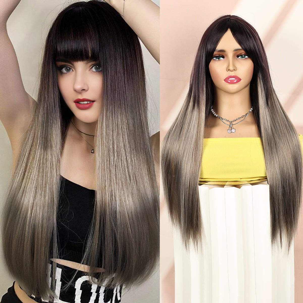Creamily 24" Grey Wig Long Wigs for Black Women Synthetic Brown Wigs ...