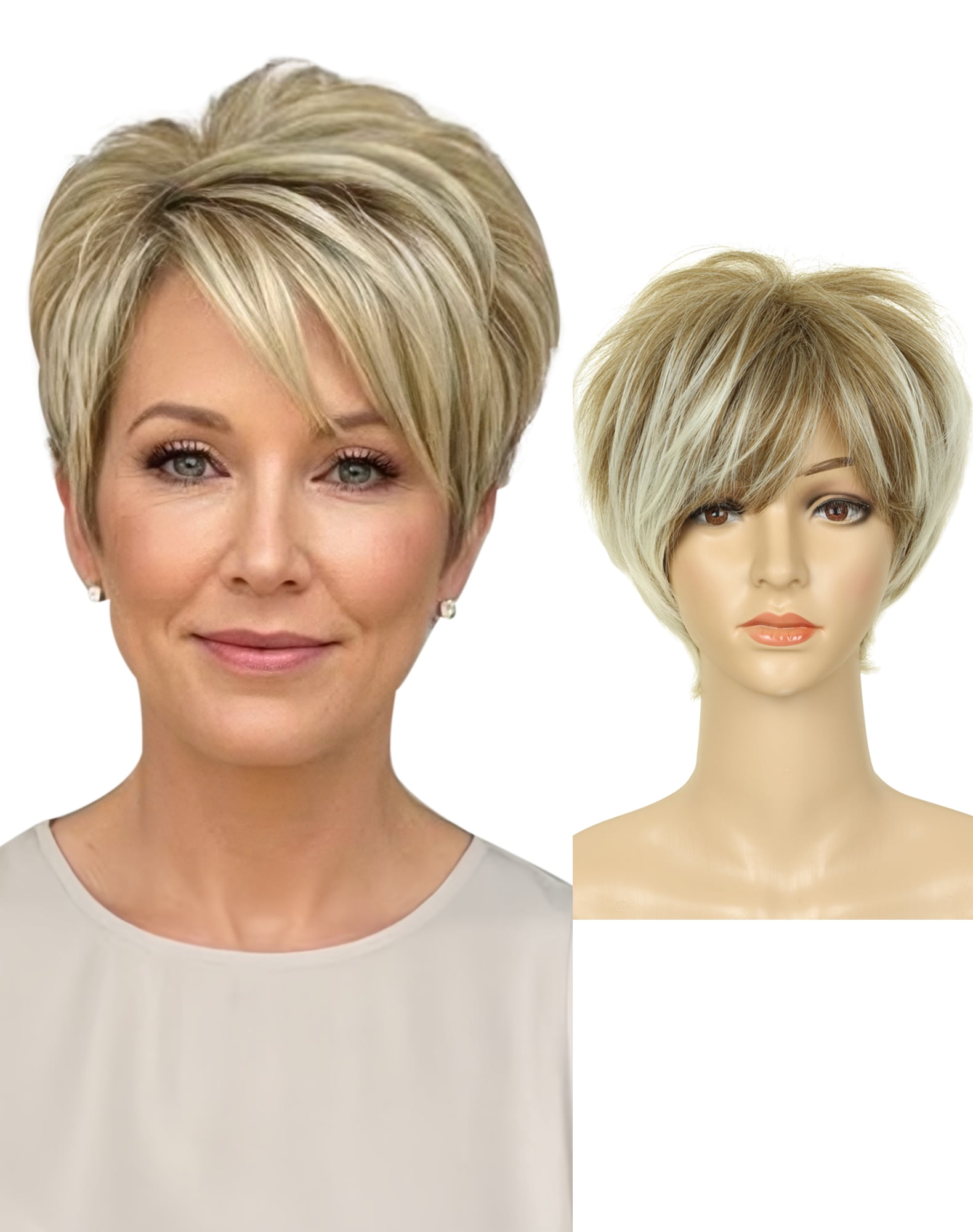 Creamily Blonde Wig, Short Pixie Cut with Bangs, Synthetic Fibers ...