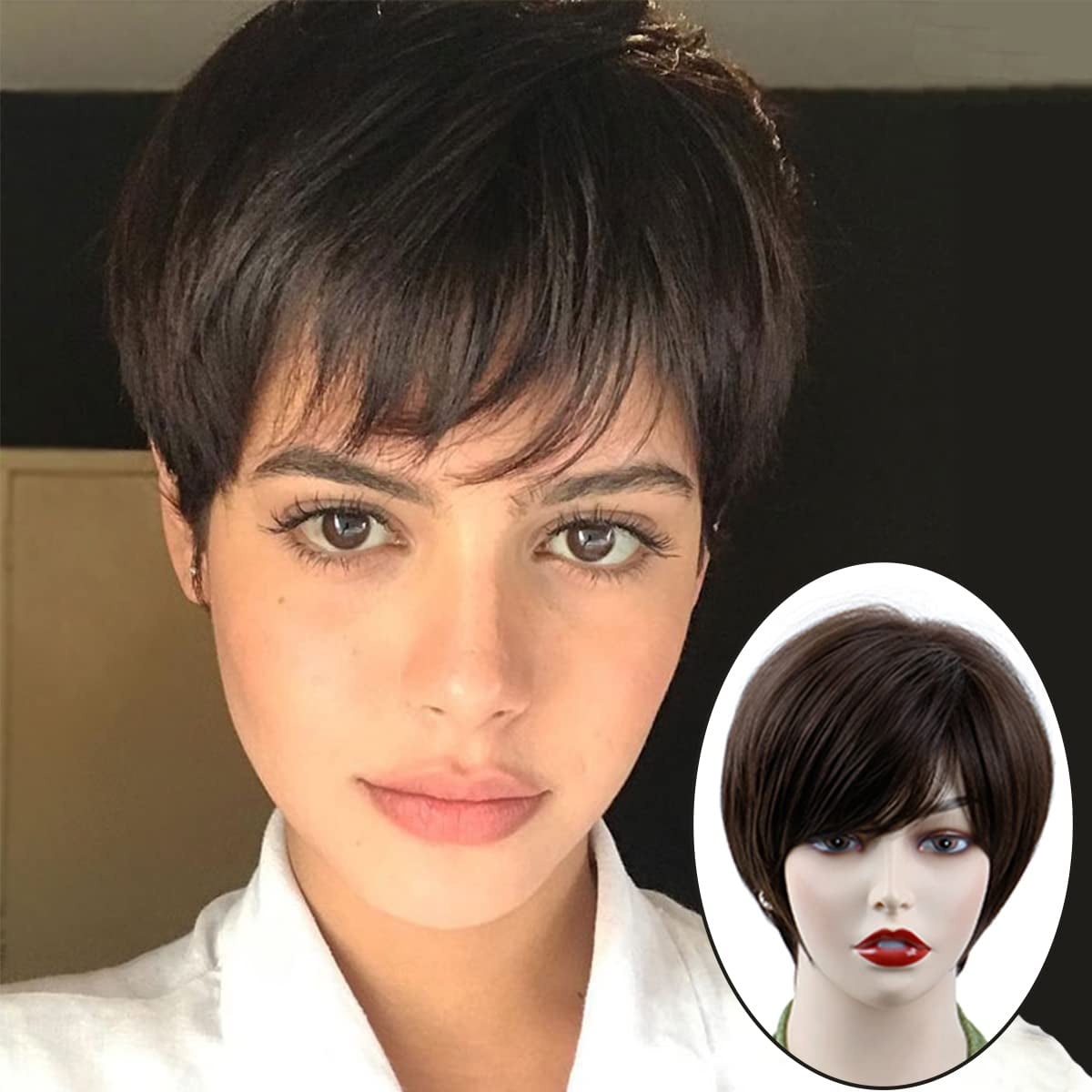 Creamily Brown Wigs for Black Women 8" Pixie Cut Wigs Synthetic Short Pixie Wigs with Bangs ...