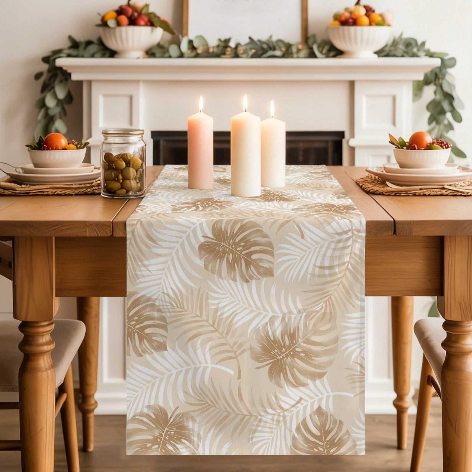 Creamy Beige Leaf Table Runner 13x60 Inch Modern Creamy Beige Palm Leaf ...
