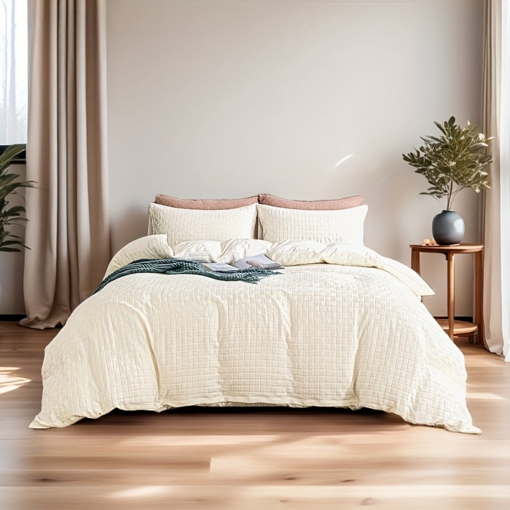 Creamy Beige Plaid Hypoallergenic Down Comforter Set - a three-piece ...