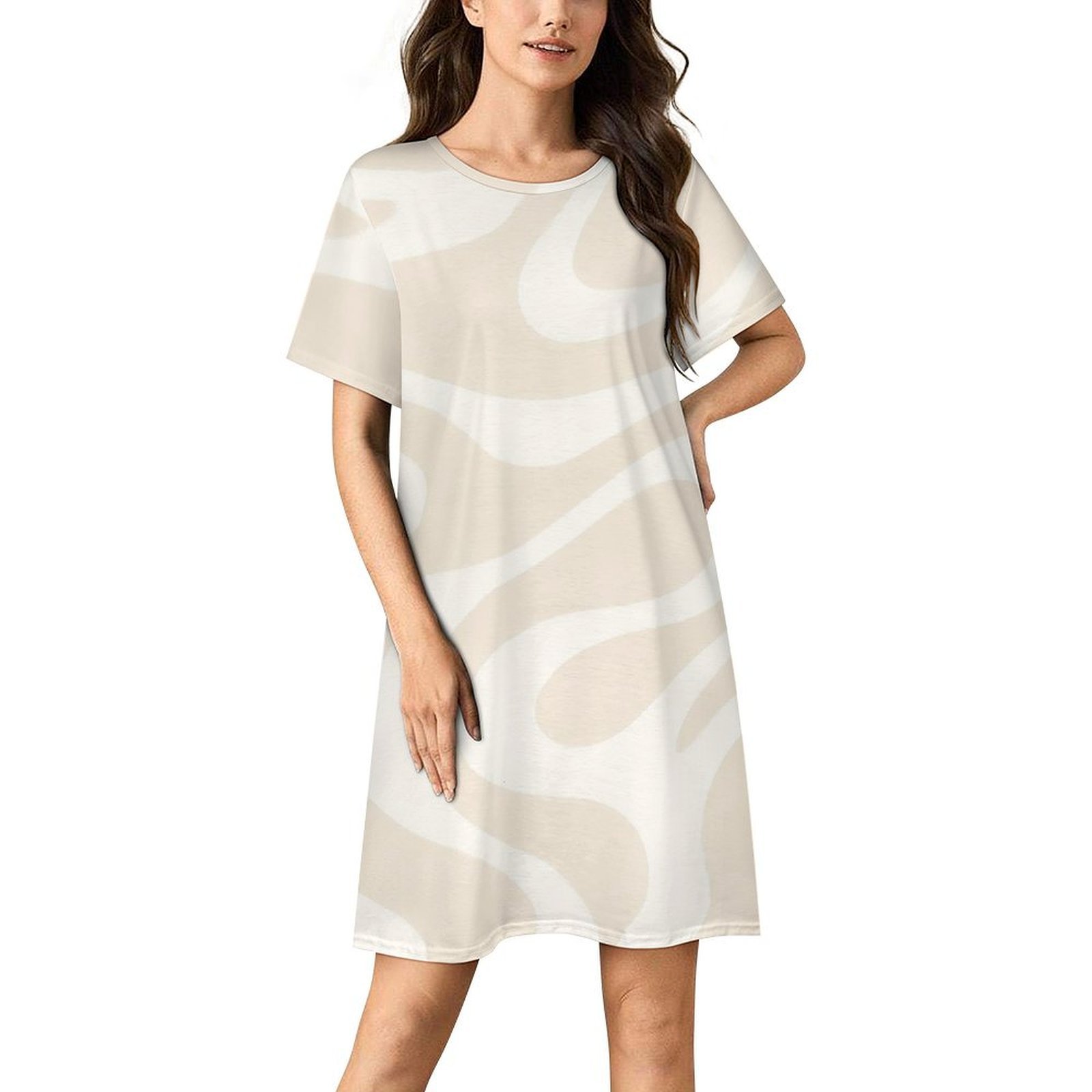Creamy Beige Wavy Abstract Design Women Nightgown Sleepwear Short ...
