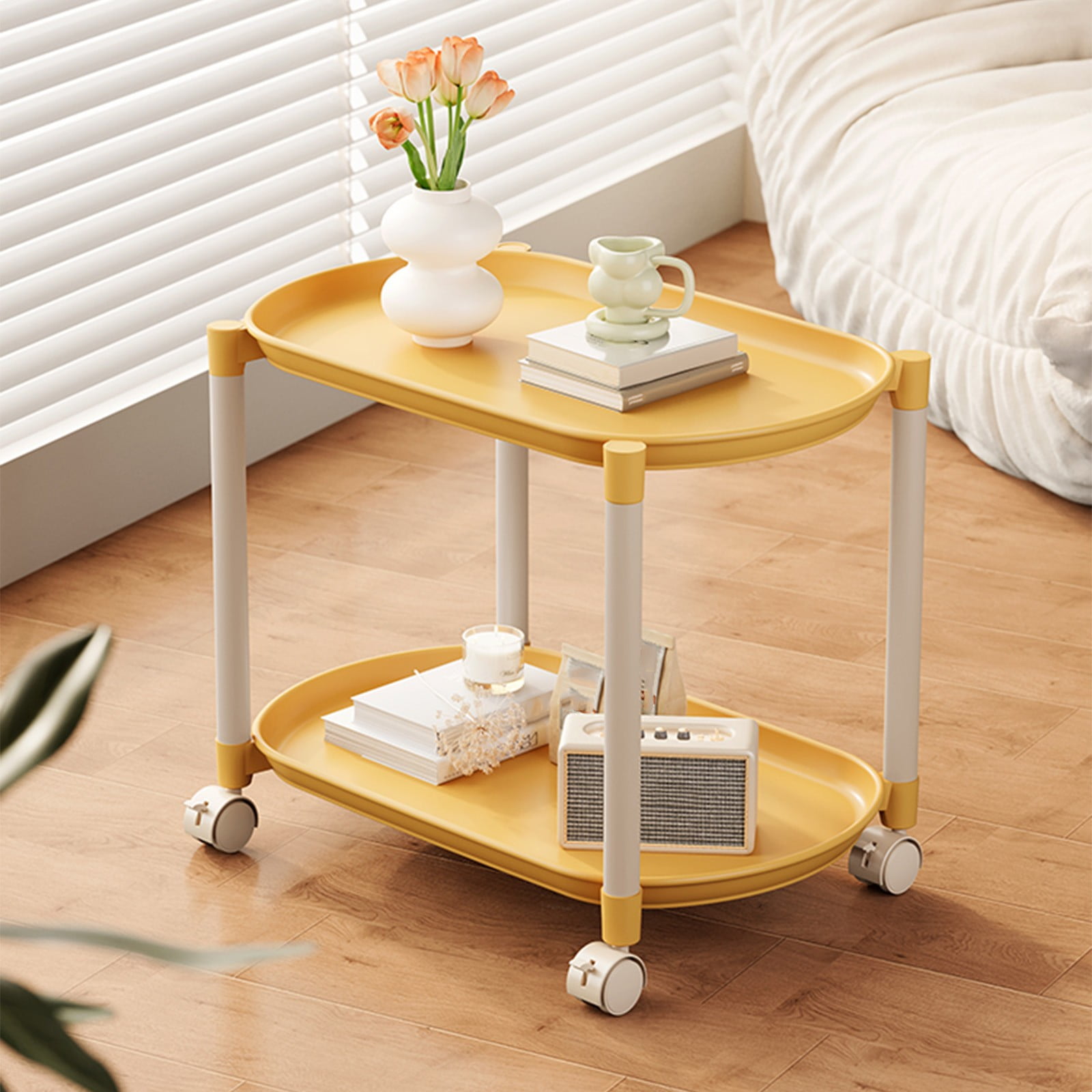 Creamy Mobile Side Table Cart with 2 Tiers, Rolling End Table ...