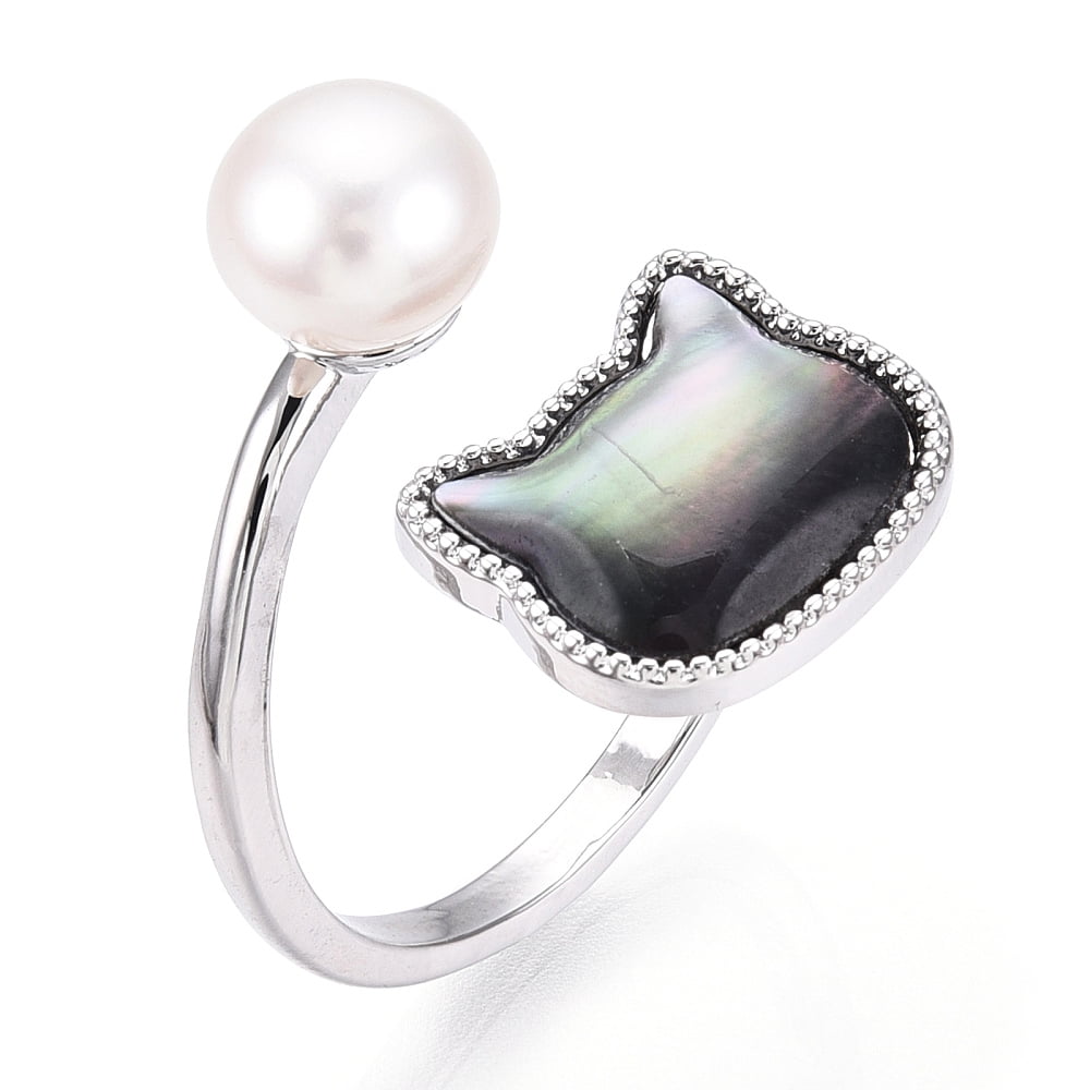 Creamy White 6 pc Natural Pearl Finger Open Cuff Ring with Black Shell ...