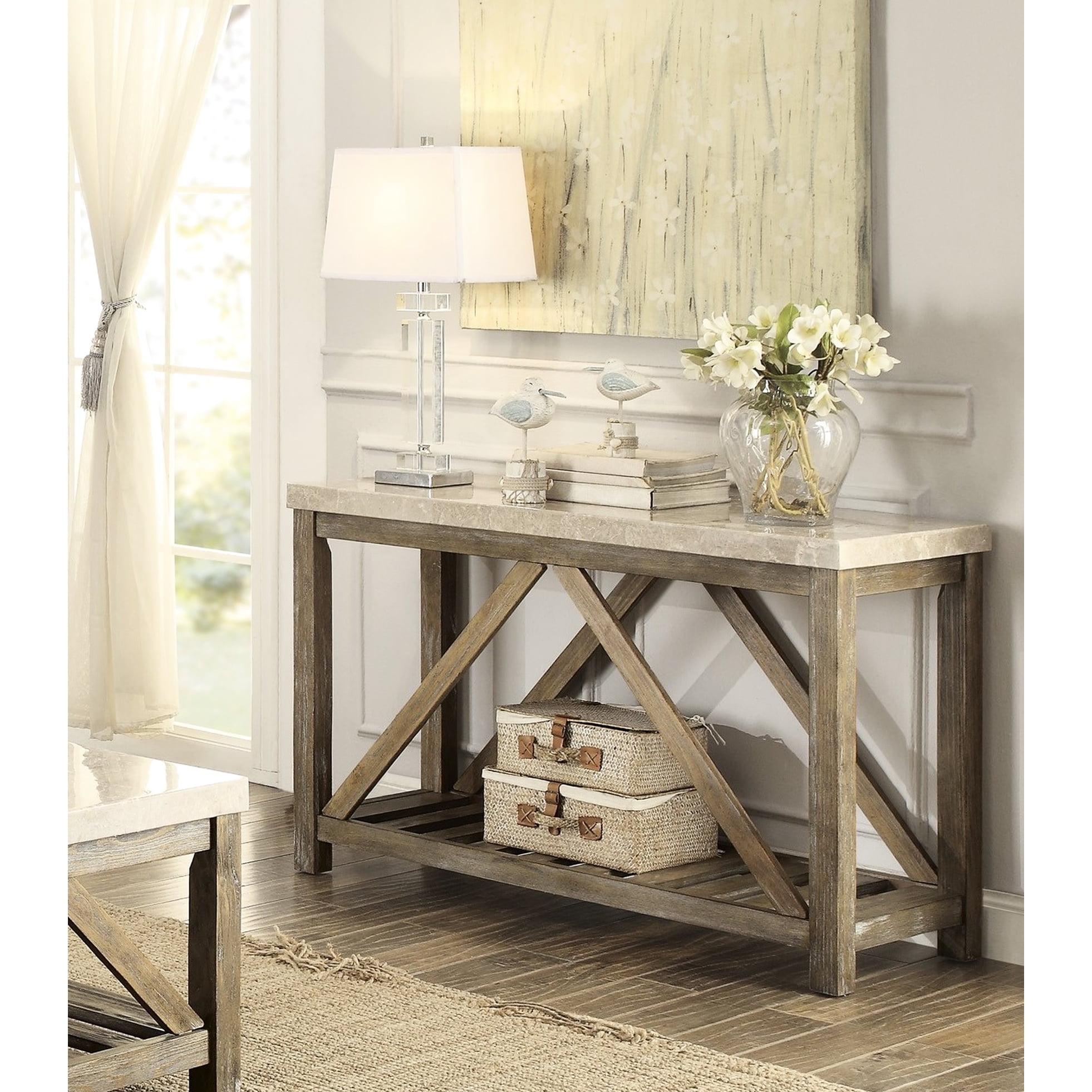 Creamy White Living Room Console Table With Marble Top And Industrial ...