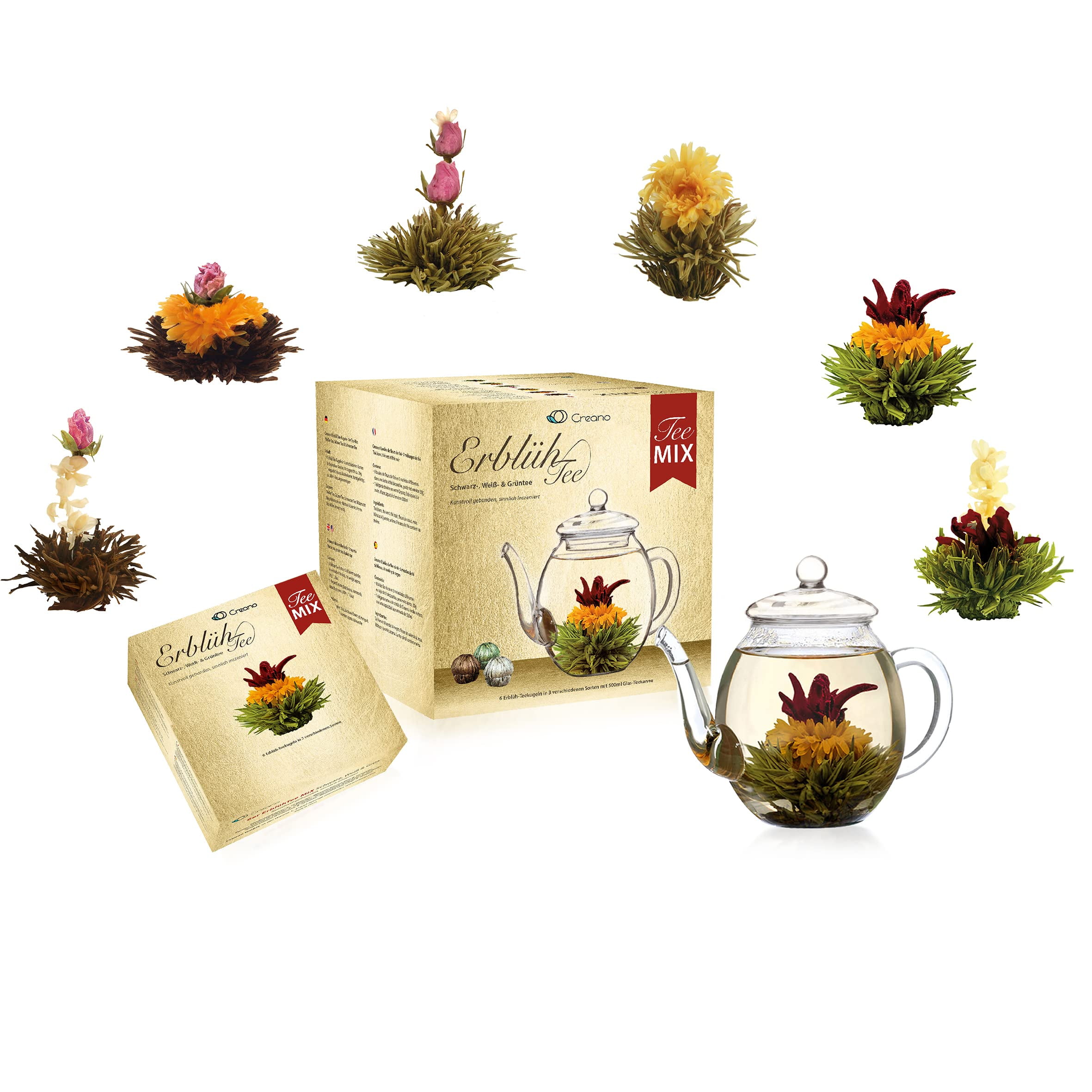 Creano Tea Flowers Mix OKA4 Golden Gift Set Blooming Tea with Glass ...