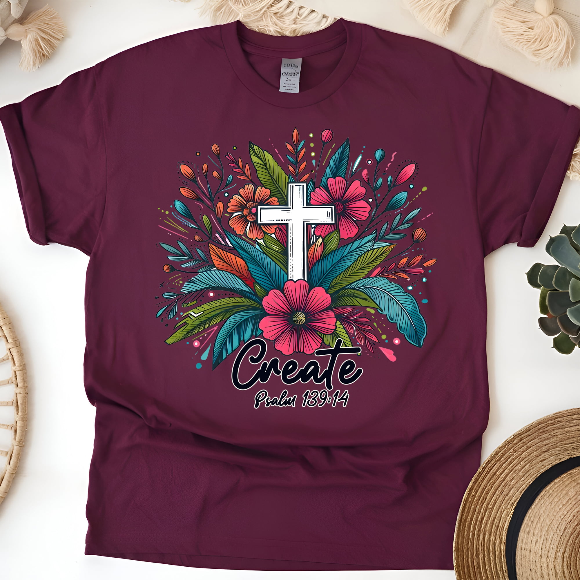 Create Psalm 139:14 Christian Bible Verse Floral Cross T-Shirt, Maroon ...