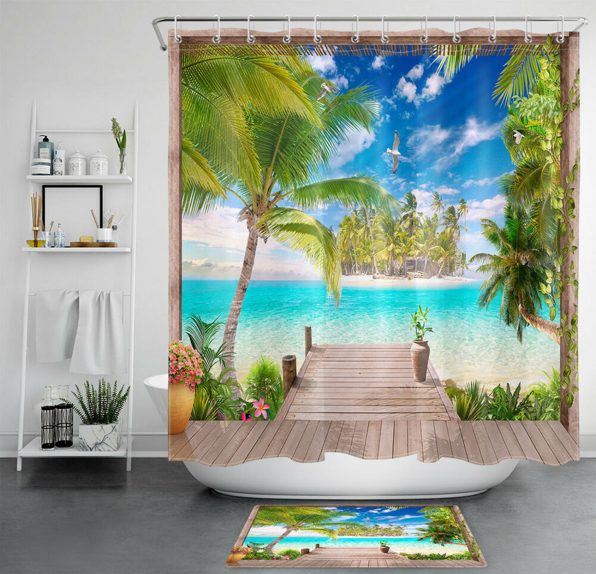 Create a Tranquil Retreat with a Palm Tree Shower Curtain and Wooden ...