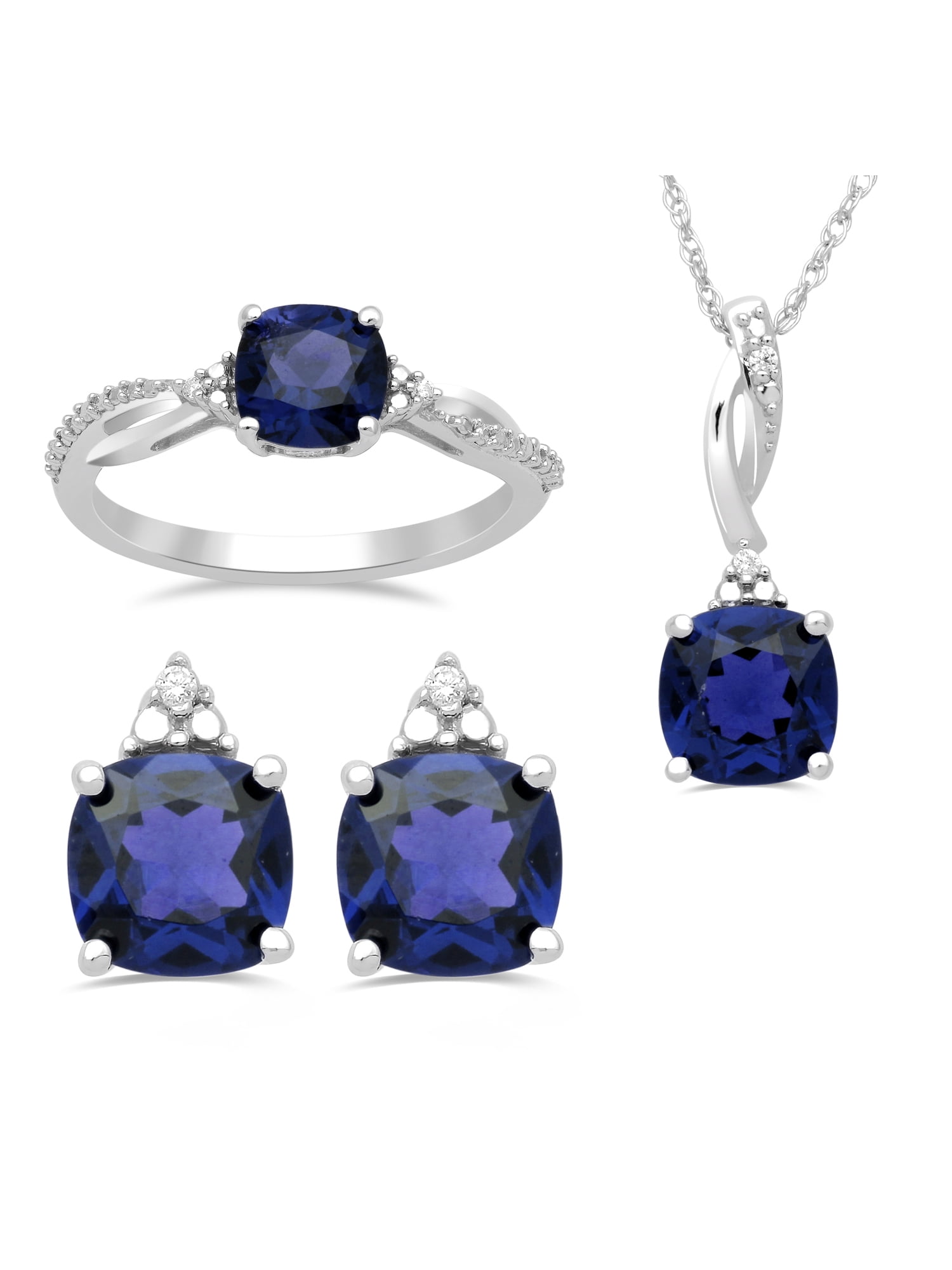 Created Blue Sapphire and White CZ Sterling Silver Ring, Pendant and ...