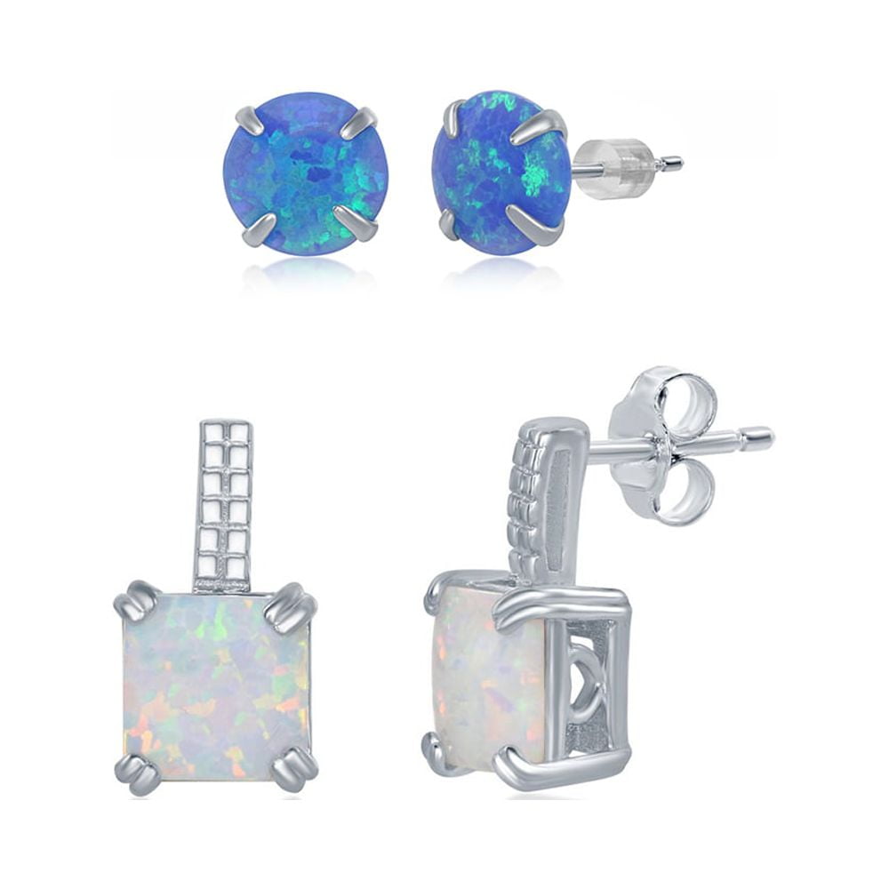 Created Blue/White Opal Square Pronged Beaded Bar and Round Stud ...