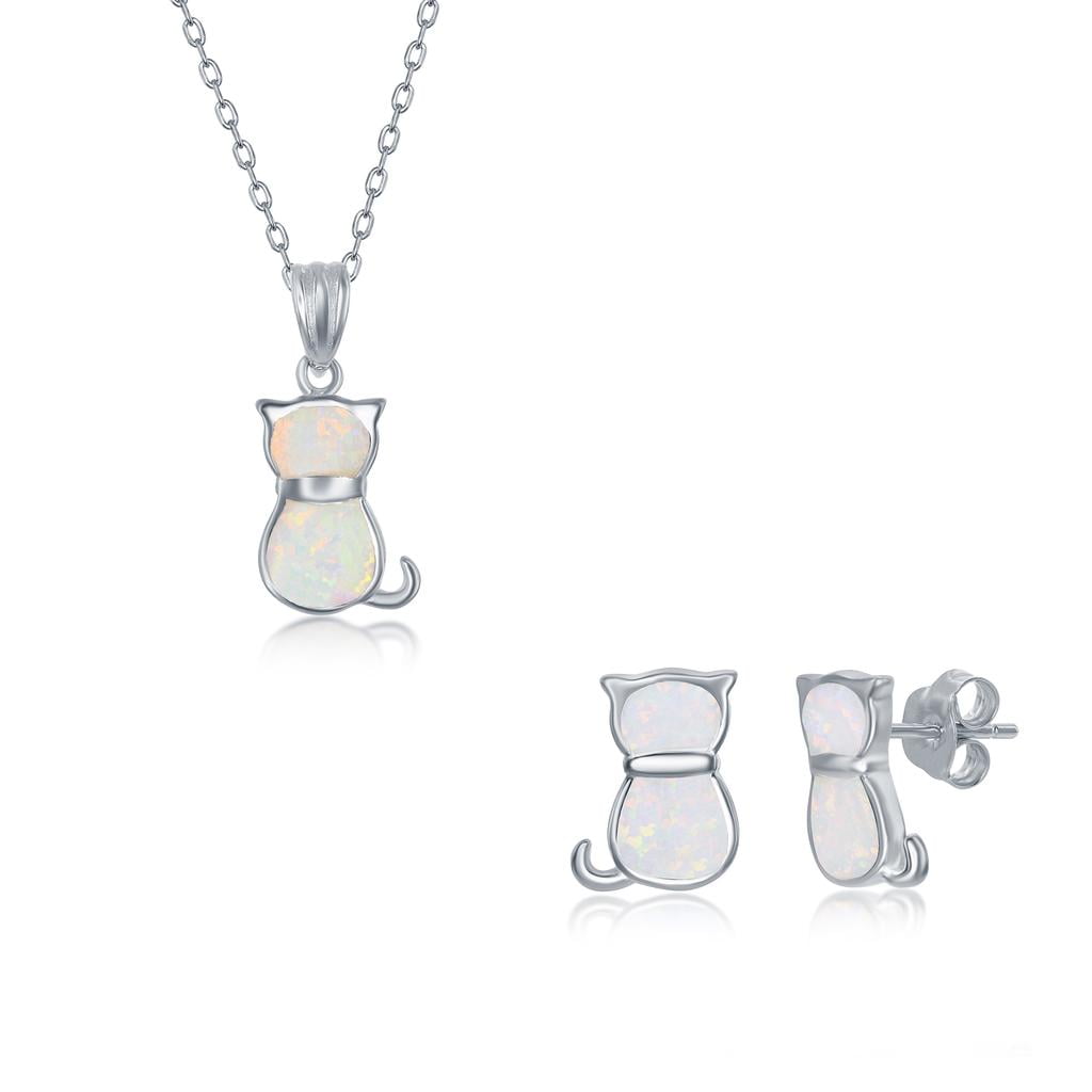 Created Opal Stone Sterling Silver Necklace and Earrings Blue/White ...