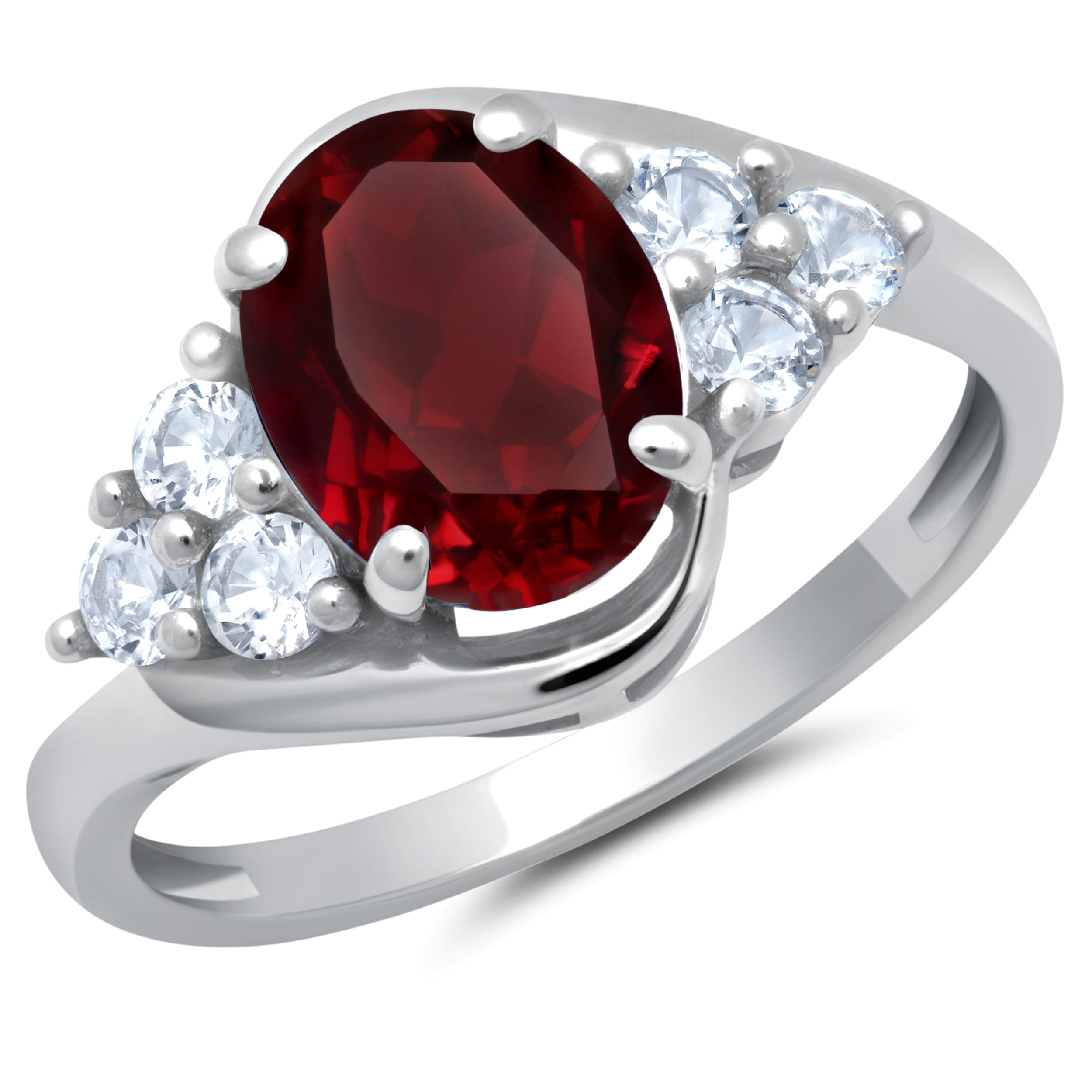 Created Red Ruby Oval Sunburst Halo Ring for Women in 10k White Gold with Created White Sapphire ...