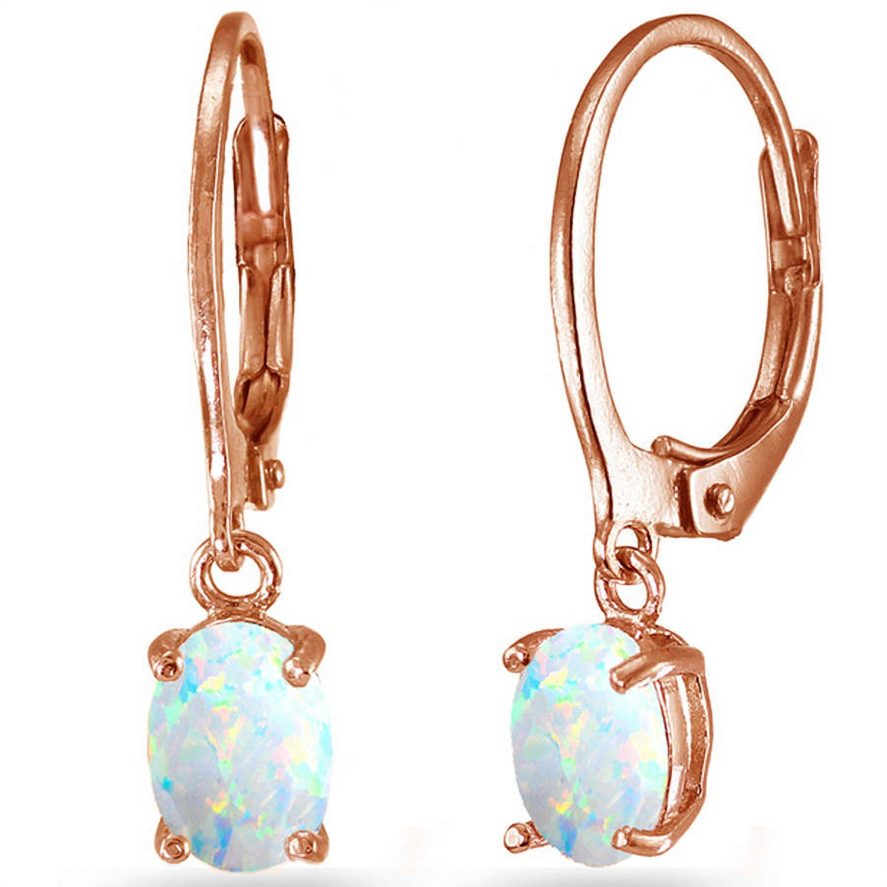 Created White Opal Rose Gold Flashed Sterling Silver 7mm x 5mm Oval Dangle Leverback Earrings ...