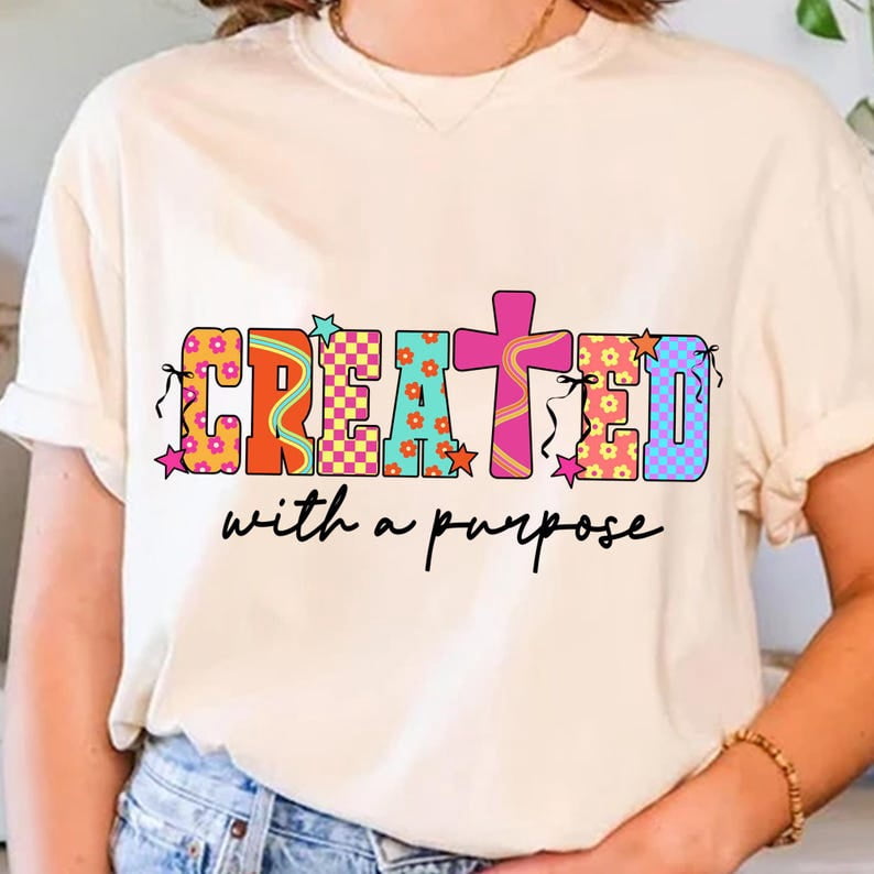 Created With a Purpose T-Shirt for Women, Christian Boho Quote Graphic ...