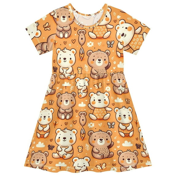 Created by Cute Doodle Bears Short Sleeve Dress A-Line Cute Midi Casual ...